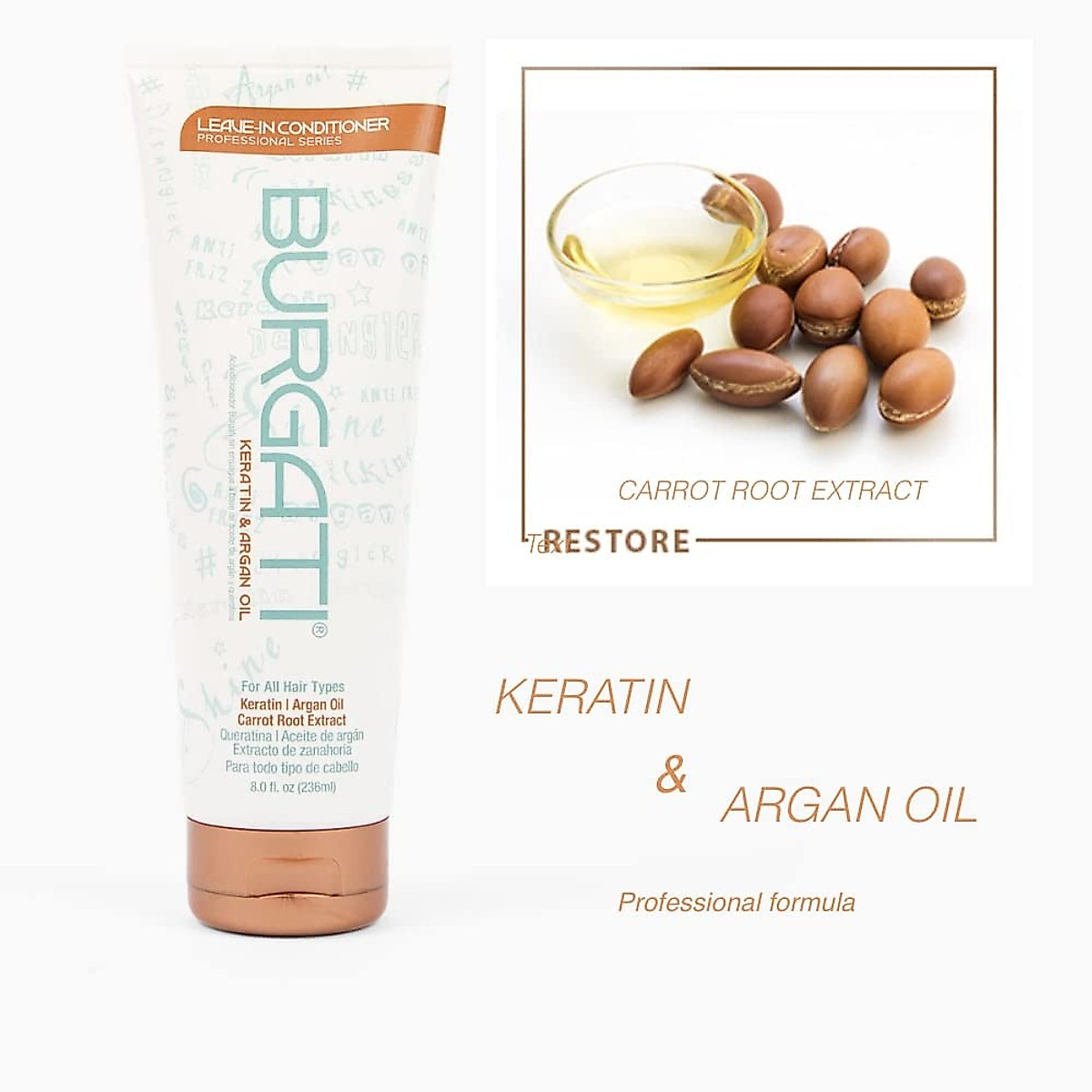 Burgati Leave-In Conditioner, 8 Fl Oz, for Detangling, Smoothing, Moisturizing, Frizz Control, with Argan Oil, Keratin, Carrot Root Extract - Sulfate Free for Dry, Damaged, Color Treated Hair