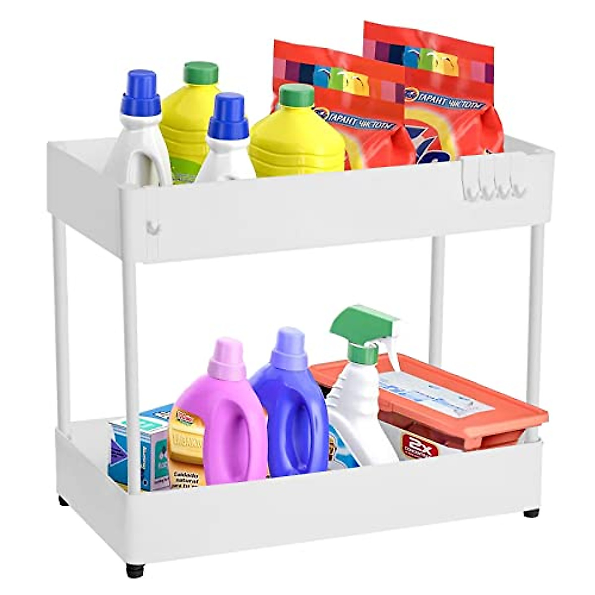 C&AHOME Under Sink Organizers, 2-Tier Kitchen Bathroom Storage Cabinet with Hooks, Counter top Storage Rack, Cabinet Organizer Baskets, Multipurpose Storage Shelf Ideal for Kitchen, Bathroom, White