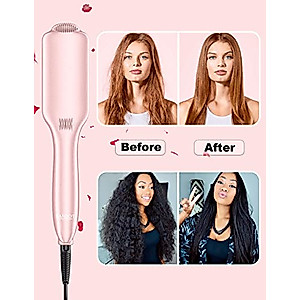 LANDOT Hair Straightener Brush Heated Straightening Brush: Negative Ion Hot Hair Brush for Smooth Frizz-Free Hair - Ceramic Flat Iron Brush - Dual Voltage Fast Heating Rose Gold