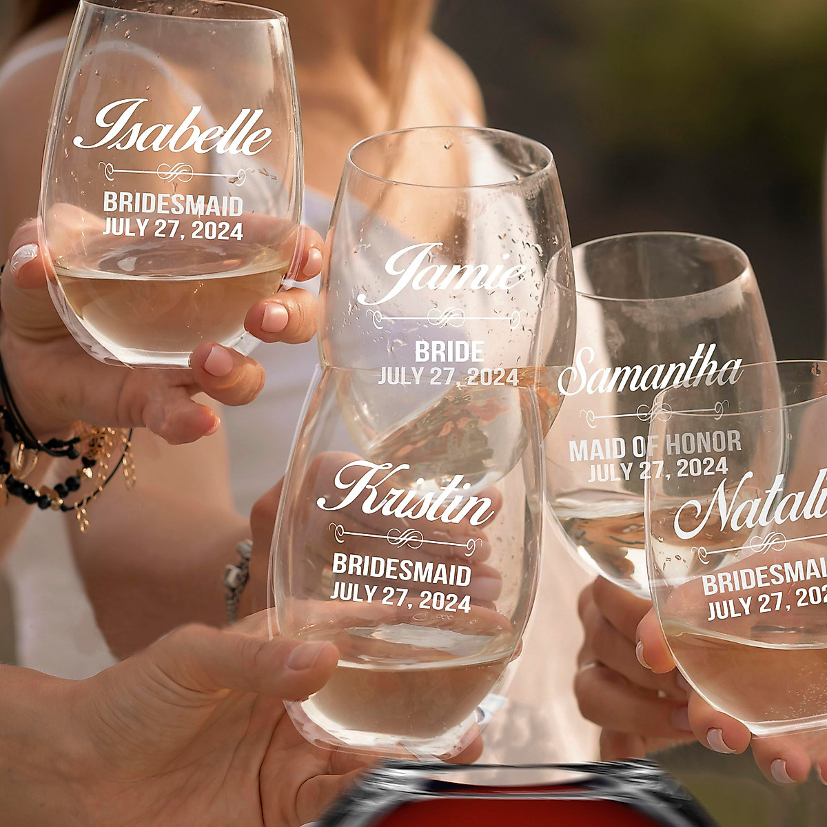 My Personal Memories, Monogrammed Personalized Stemless Wine Glasses for Bridesmaid, Engraved Customized