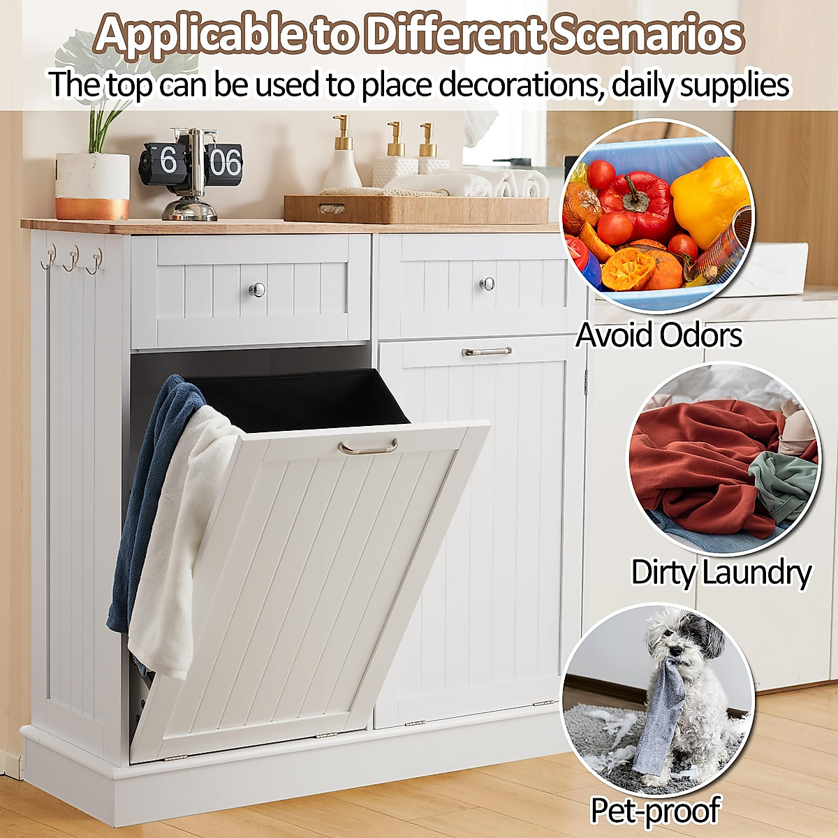 OUTGUAVA Double Tilt Out Trash Cabinet Free Standing Recycling Trash Cabinet with Hideaway Drawers, 2x13 Gallons Pet Proof Trash Can Cabinet for Kitchen Living Room (White)