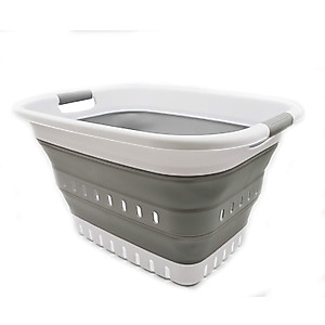 SAMMART 37L (9.77 gallon) Collapsible Plastic Laundry Basket - Foldable Pop Up Storage Container/Organizer - Space Saving Hamper/Basket (1, White/Grey)