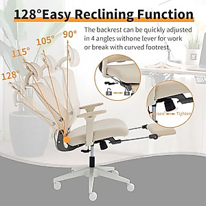 Foldable Ergonomic Office Chair with Footrest, High Back Computer Chair with 2D Headrest, Mesh Back, Sponge Seat, Adjustable Lumbar Support, 2D Armrest, Home Office Desk Chair, Cream