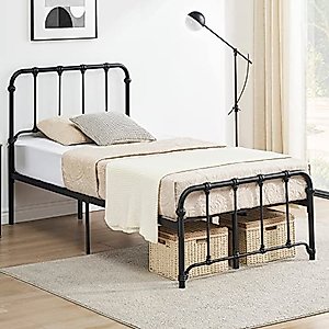 IDEALHOUSE Metal Bed Frame Twin Size, 12 inch Platform Bed with Vintage Headboard and Footboard Sturdy Premium Steel Slat Support