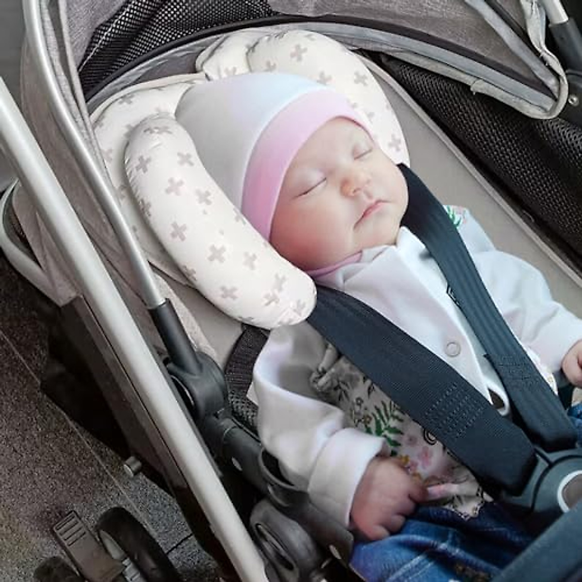 vocheer 2 in 1 Baby Travel Pillow, Baby Head Support Pillow Stroller Pillow with Banana Neck Pillow for Newborn,Light-Grey