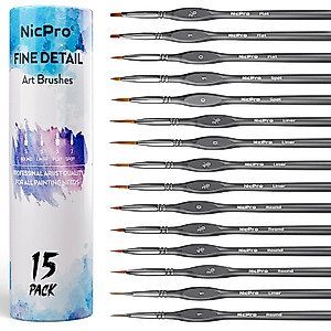 Nicpro Fine Detail Paint Brush Set, 15PCS Fine Tip Miniature Painting Brushes for Fine Detailing, Miniature Model 40k, Paint by Numbers & Acrylic, Watercolor, Oil Painting- with Container