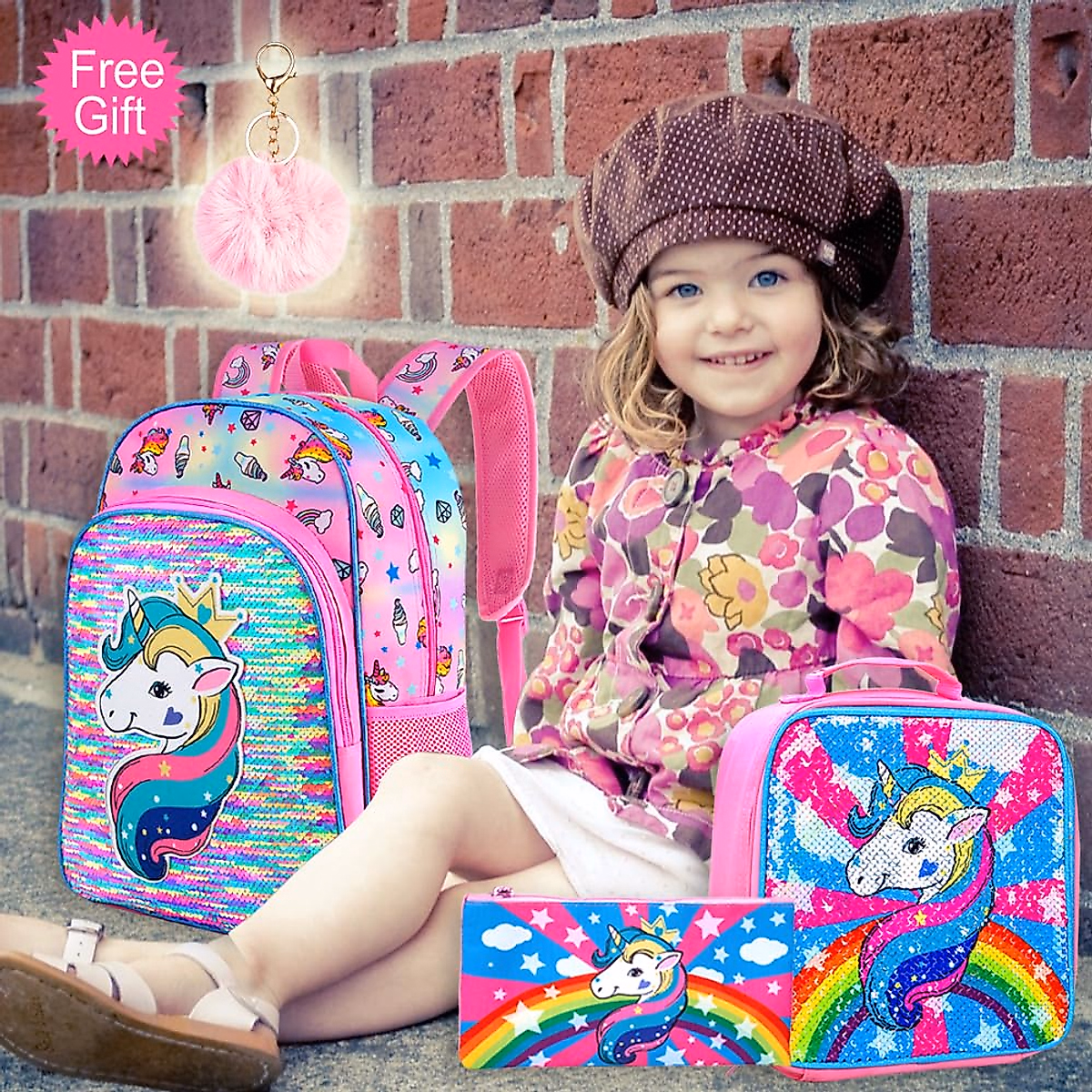 AGSDON 3PCS Unicorn Backpack for Girls, 16" Little Kids Sequin Preschool School Bookbag and Lunch Box