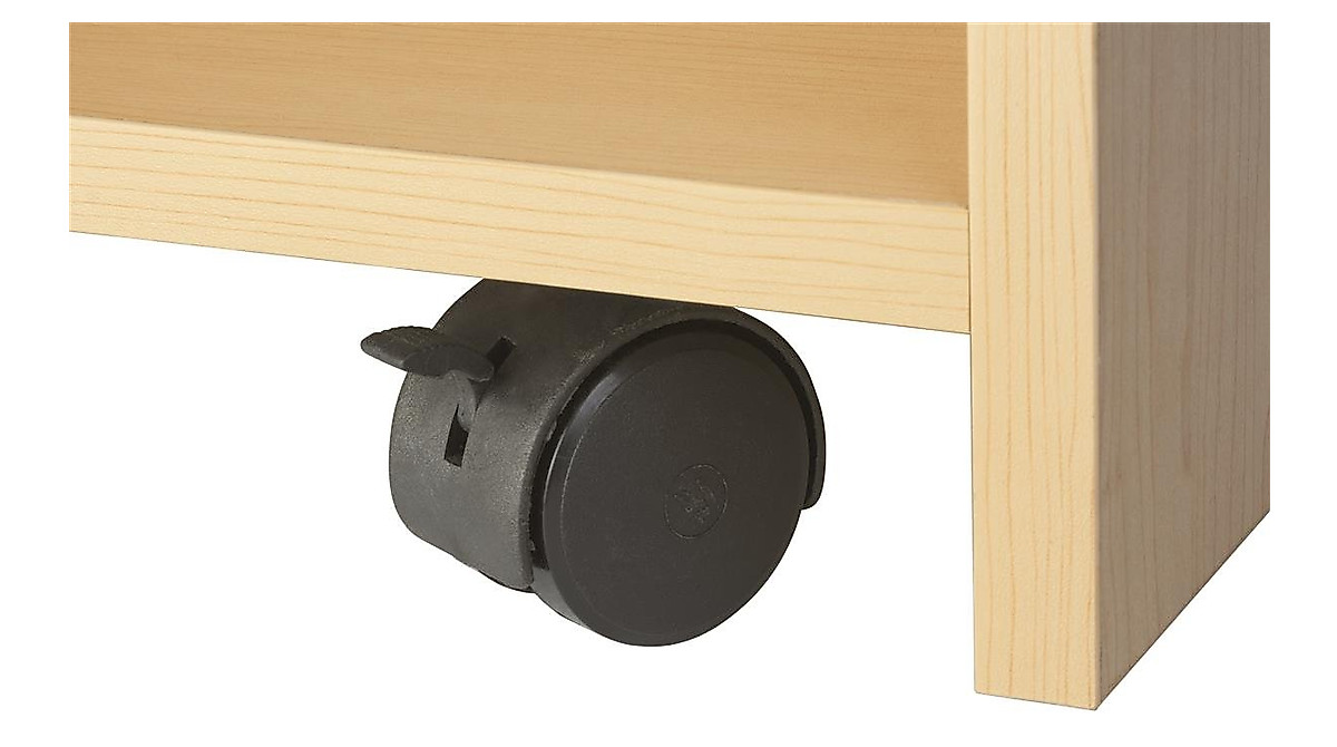 Displays2go Maple Hostess Station with Hidden Wheels & Adjustable Shelf