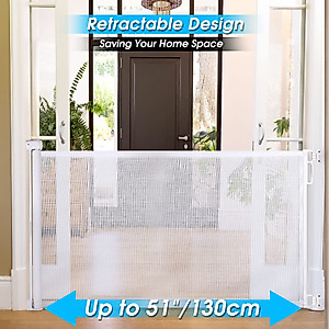 Fuumlo Retractable Baby Gates for Stairs, 33" Tall, Extends to 51" Extra Wide, Mesh Soft Pet Gate for Dog, Child Safety Gate for The House, Doorways, Hallways, House, Indoor, Outdoor(White)