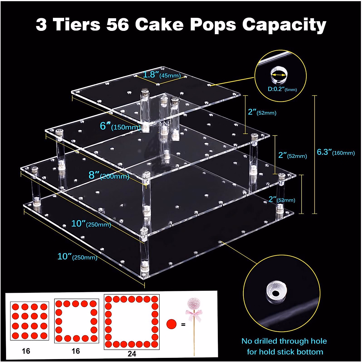Acrylic Cake Pop Display Stand, ANMEISH 2023 Upgraded 56 Hole Clear 3 Tier Square Lollipop Holder, Ideal for Weddings Baby Showers Birthday Party Anniversaries Holiday Candy Decorative