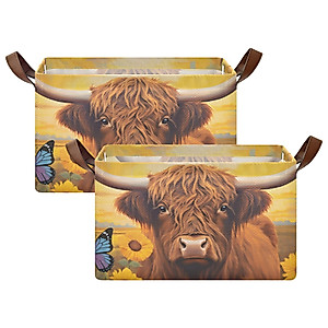 PDZRMY Open Storage Bin Blue Butterfly Highland Cow Large Foldable Storage Box Storage Basket Organizer Bins with Leather Handles for Shelf Closet Bedroom Living Room Office Home 1 Pack