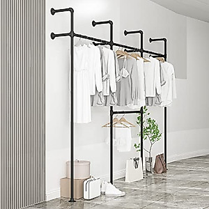 Industrial Pipe Clothing Rack,Moden Commercial Grade Pipe Clothes Racks,Wall Mounted Closet Storage Rack,Hanging Clothes Retail Display Rack,Heavy Duty Steampunk Garment Racks,Black(Three,Staggered)