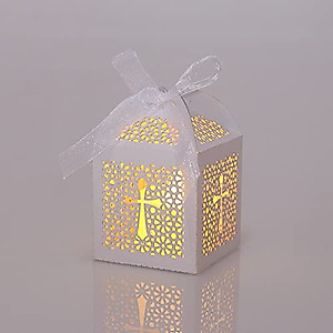 KPOSIYA 70 Pack Baptism Favor Boxes,Laser Cut Candy Boxes with Ribbons, Party Favor Small Gift Boxes for Baby Shower Baptism Decorations First Birthday Party Christening Favor (White-70)