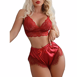 SOLY HUX Women's 2 Piece Lingerie Set Lace Bra Cami Top and Satin Shorts Sleepwear Plain Burgundy XL