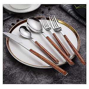 Wooden Silverware Flatware Set for 16,Modern 80 Pieces Stainless Steel Square Flatware Set, Mirror Polished Tableware Cutlery Set for Kitchen Wedding Restaurant Utensils Set with Faux Wooden Handle