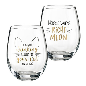 Lillian Rose 2 Cat Lover Wine Glasses with Funny Sayings, 2 Count (Pack of 1), Clear