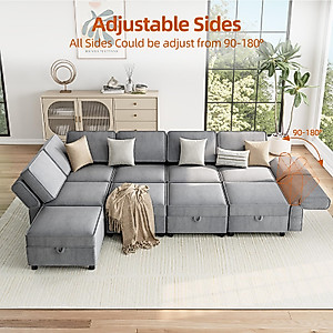 GAOMON 139.4" Chenille Reversible Sectional Sofa, 9-Seater Modular Sectional Sofa, Comfy Sectional Sleeper Sofa Couch with Chaise, U-Shape Modular Couch with Storage Seats & Ottomans, Grey
