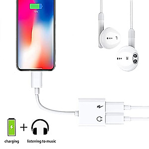 TIMEJONS Lighting to Lighting Headphone Jack Adapter for iPhone, 2 in 1 Charger and Aux Audio Splitter Adapter Support All iOS System(MFi Certified)