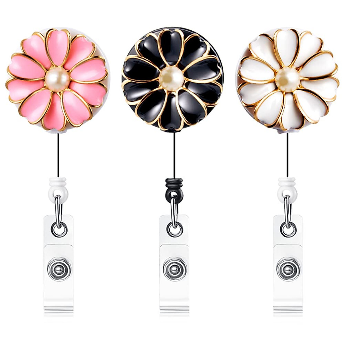 Qinsuee Retractable Badge Holder with Alligator Clip, 24 inch Retractable Cord, ID Badge Reel with Pearl, 3 Pack (Multiple)