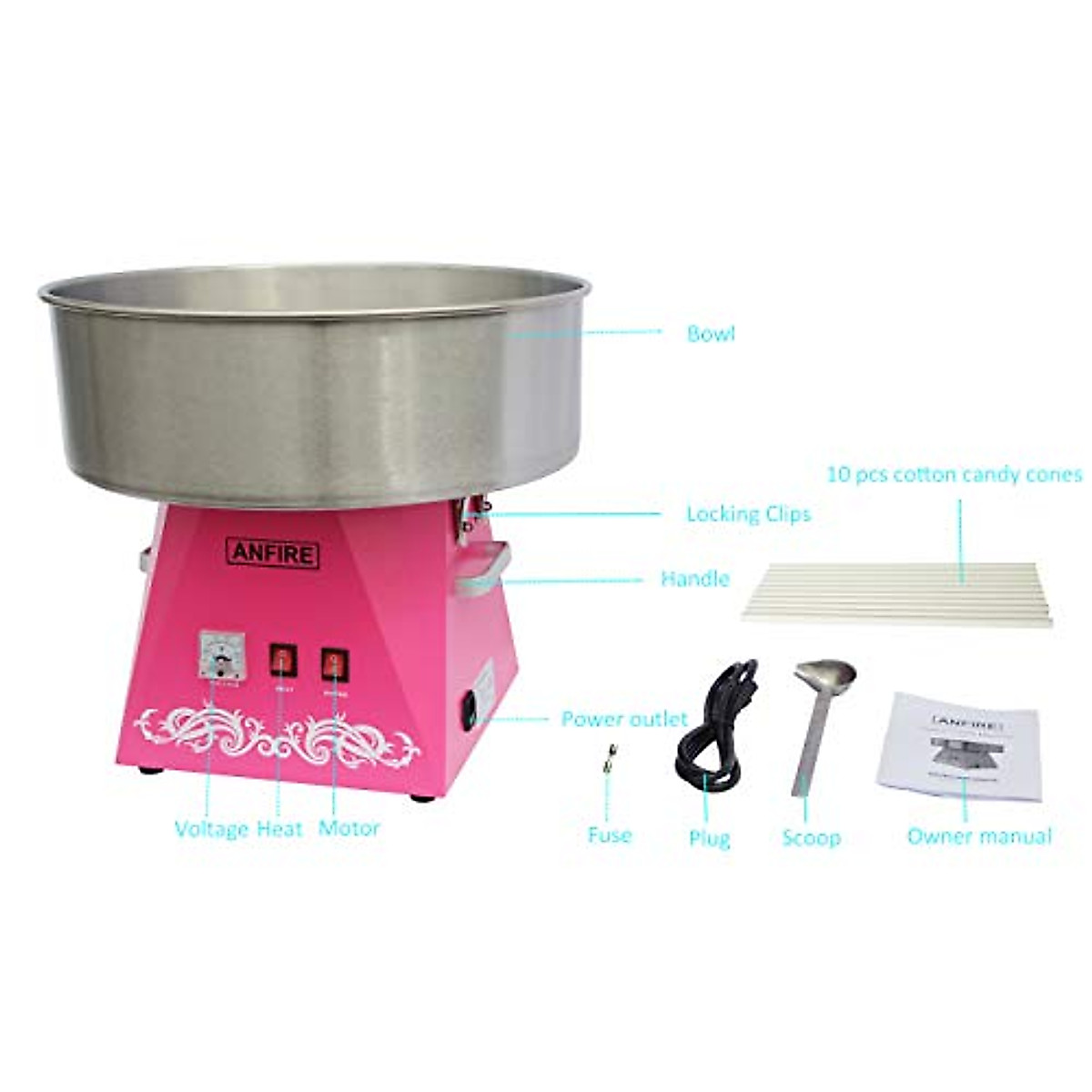 ANFIRE Commercial Electric Cotton Candy Machine Pink Candy Floss Maker for Kits or Party - Includes 10 Cones & Scoop