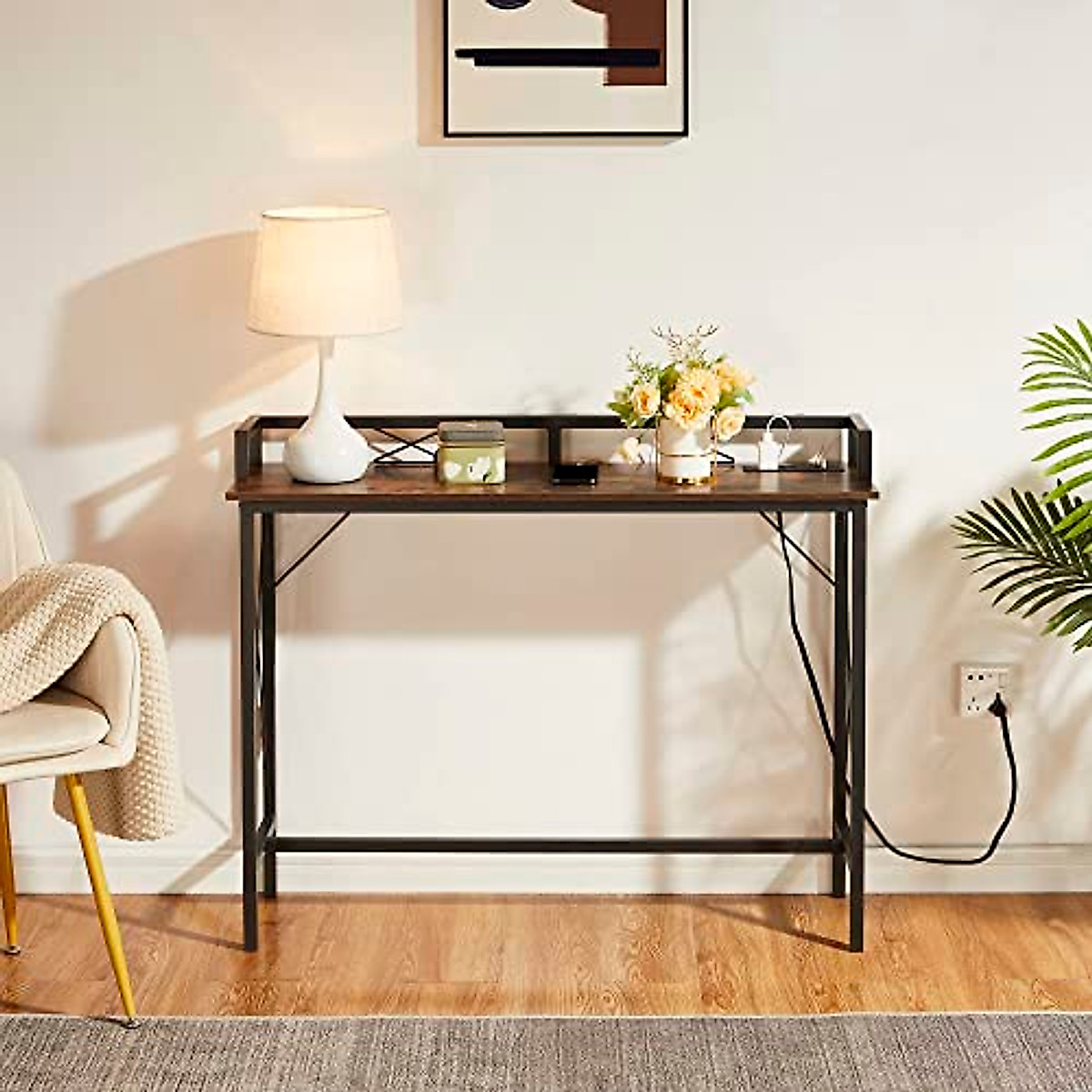 VECELO 39.4" Couch Side & Console Table with 2 Outlet and 2 USB Ports, Narrow Entryway Furniture with Baffle, Extra Long 9.8 Feet Power Cord and Rest Rails, 39.42" L x 11.8”W x 31.5" H, Brown