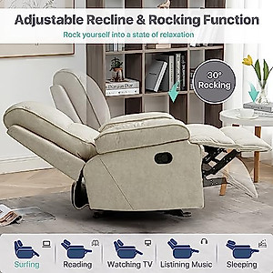 RISAR Oversized Rocker Recliner Chair, Ergonomic Nursery Manual Rocking Armchair Upholstered Thick backrest & Removable armrest Single Sofa Chair for Living Room (Beige)