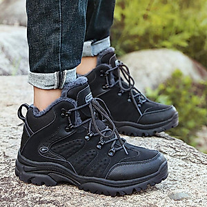 Fheaven Men's Snow Boots Lace Up Combat Booties Water Resistant Anti-Slip Sole Warm Fur Lined Winter Ankle Booties