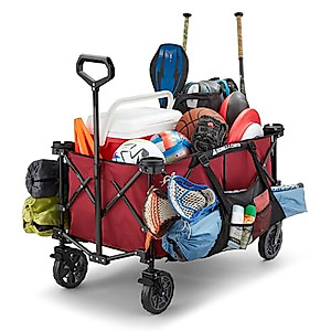 Gorilla Carts 7 Cubic Feet Collapsible Folding Outdoor Utility Sports Beach Wagon, with 150 Pound Capacity, Oversized Bed, & Cup Holder, Red