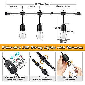 Mlambert 3 Color Outdoor LED Dimmable String Lights for Patio with Remote, Plug in 48FT Waterproof Edison Bulb, Warm White Daylight White Shatterproof Light for Cafe Bistro Pergola