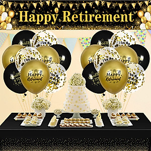 Retirement Party Decorations Black Gold Happy Retirement Banner and 18pcs Happy Retirement Balloons for Men and Women Large Black Gold Retirement Yard Sign for Retirement Party Supplies