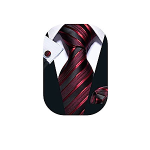 Barry.Wang Stripe Men Ties Set Classic WOVEN Necktie with Handkerchief Cufflinks Formal Black Red