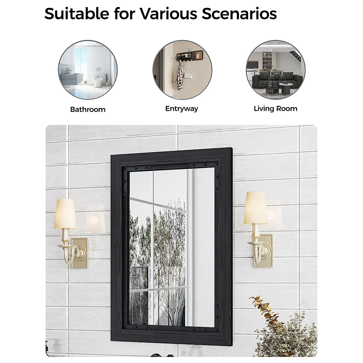 FLYJOE Medicine Cabinet Mirror 16 x 24 Inch Farmhouse Bathroom Mirror Door Paulownia Wood Storage Cabinet with Adjustable Shelves, Wall Mounted for Bathroom Living Room, Black