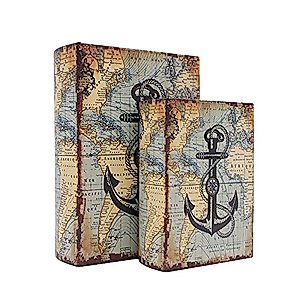 Decorative Book Box Antique Wooden Realistic Faux Wood Set of 2 or 3 Storage Set for Home Decorations,Gifts, Jewelry (Nautical)