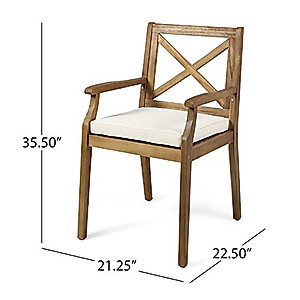 Christopher Knight Home Peter | Outdoor Acacia Wood Dining Chair Set of 2, Teak/Cream Cushion