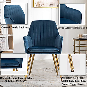 Artechworks Velvet Modern Living Dining Room Arm Chair for Home Office Club Leisure Guest Lounge Bedroom Upholstered with Gold Metal Legs, Blue, 1pcs Chair