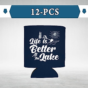 Life is Better At The Lake Can Coolie Can Sleeve Cooler Insulated Drink Coozies Soda Beer Hugger Coolies (Navy, 12 Pk)