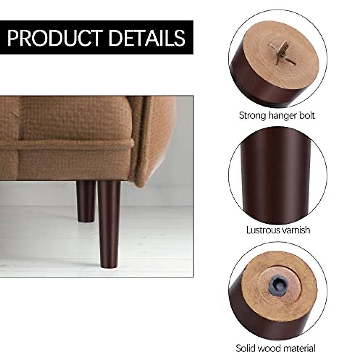 TURSTIN 8 Pieces Furniture Legs 10 Inches Round Solid Wood Furniture Feet Couch Legs Sofa Legs Replacement Legs for Armchair, Cabinet, Chair, Dresser or Home DIY Projects, Brown