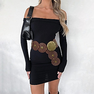 Buywis Wide Disc Belt for Women Boho Disk Concho Leather Belts Western Waist Belts for Dress 115CMBrown