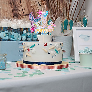 Gyufise 1Pc Mermaid Four Cake Topper Happy 4th Birthday Cake Decorations for Boys Girls Babyshower Under the Sea Themed Mermaid Birthday Party Decoration Supplies