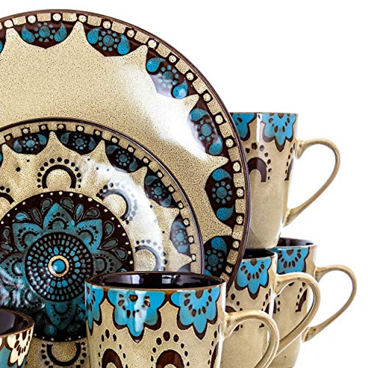 Elama CLAYHEART16 Clay Heart 16 Piece Luxurious Stoneware Dinnerware with Complete Setting for 4, 16pc, pc, Tan, Blue, Brown