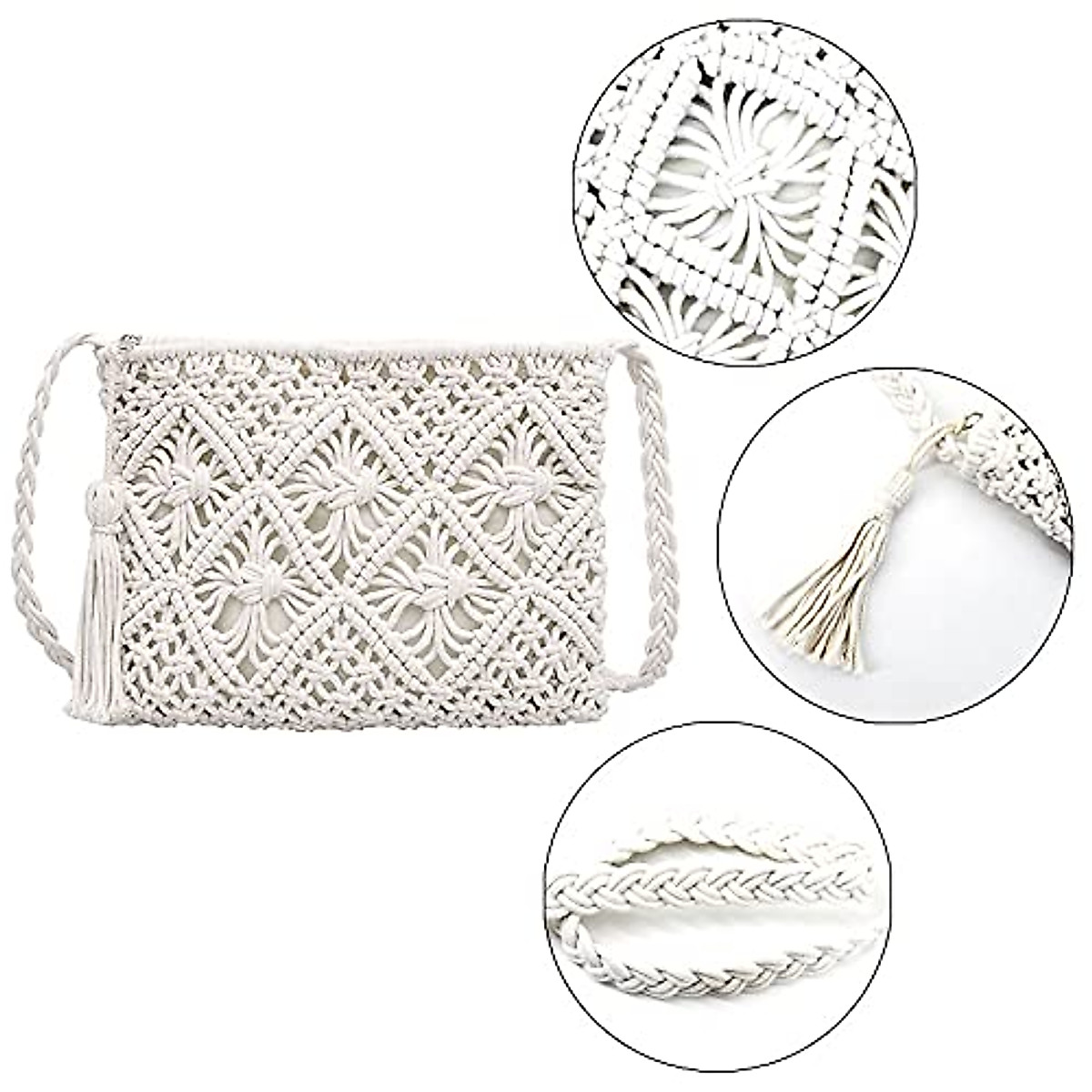 Meyaus Women Small Fringed Cotton Crochet Cross-body Shoulder Bag Bohemian Beach Travel Purse