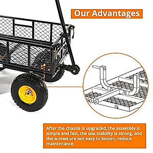 Yardsam Heavy Duty Steel Garden Cart with No-Flat Tires and Liner, 400Lb Capacity Lawn Yard Wagon with Flat-Free Tire Solid Wheels and Removable Sides for Outdoor, Gardening, Farm, Ranch - Black