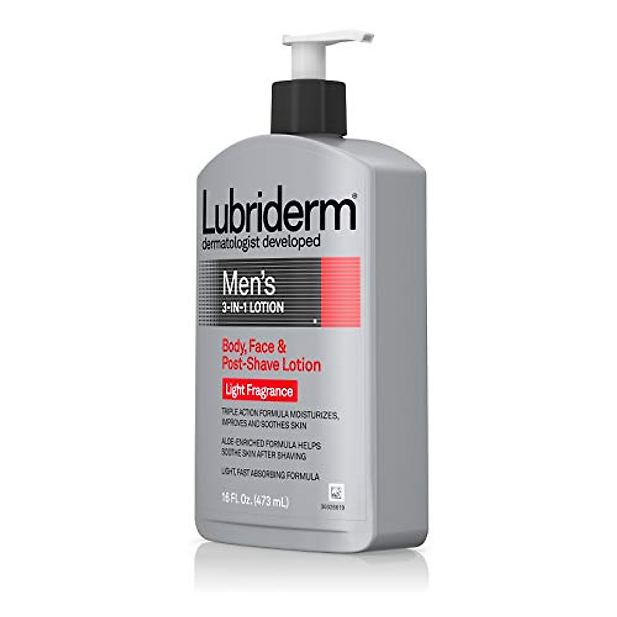 Lubriderm Men's 3-In-1 Lotion Enriched with Aloe for Body and Face, Non-Greasy Soothing Post Shave Moisturizer with Light Fragrance For Replenished, and Healthy-Looking Skin, 16 fl. oz