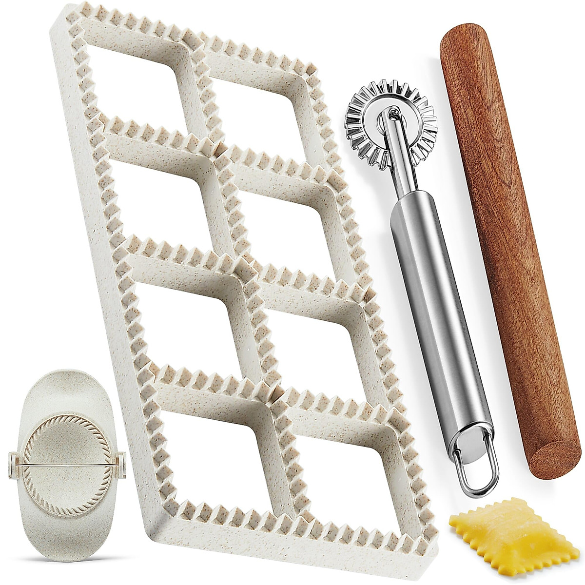MUMSUNG Ravioli Maker Press, Ravioli Press Mold Set - 1.85" Squares Ravioli Stamp Maker Cutter with Wood Rolling Pin, 2.6" Empanada Maker Press Kit and Ravioli Wheel, Makes 8 Ravioli