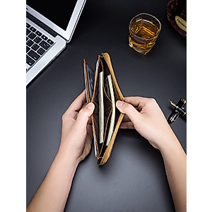 BULLCAPTAIN Mens Genuine Leather Zipper Wallet RFID Blocking Bifold Secure Zip Around Wallets Multi Credit Card Holder Purse (Handmade brown)