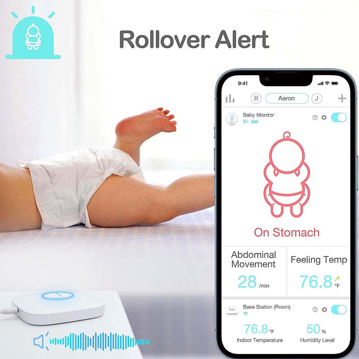 Sense-U Smart Baby Monitor 3 (Long Range & FSA/HSA Approved) - Tracks Abdominal Movement, Rollover, Sleeping Position, Temperature with Real-time Alerts from Anywhere (Green)