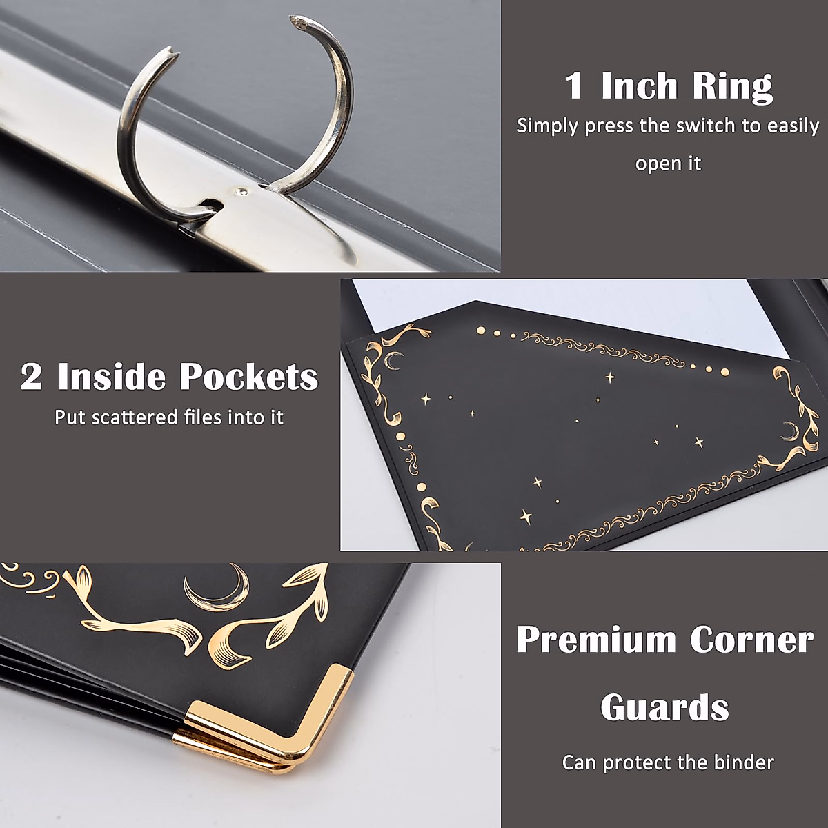 3 Ring Binder 1 Inch Three Ring Binder Cute Binder Fits A4 Paper Decorative Clipboard Binder with 5 Tab Dividers for School Office Supplies(Black Gold Sun Moon)