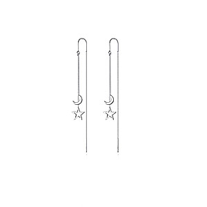 Reffeer Solid 925 Sterling Silver Moon Star Threader Dangle Earrings Chain for Women Teen Girls Long Dangle Earrings Tassel Chain (A-Silver)