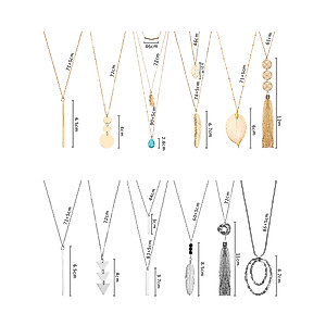 Hicarer 12 Pieces Long Pendant Necklace Set Y Tassel Leaf Circle Bar Necklace for Women (Classic Style)
