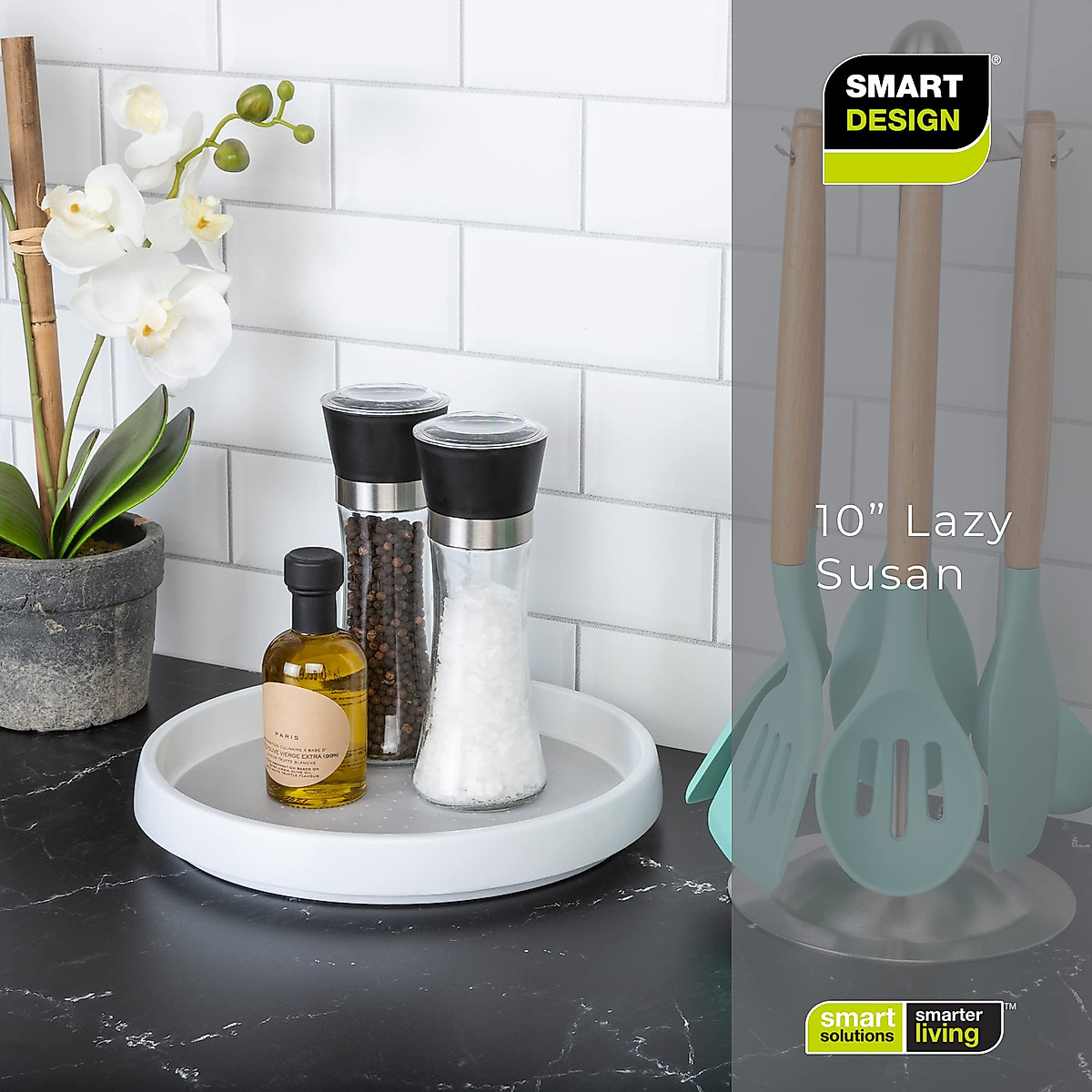 Smart Design Lazy Susan Turntable - (10 Inch) - Non-Slip Lining & Feet - BPA Free - Cupboard, Fridge, Jars, Spices, Cabinet, Countertop, Pantry, Storage, Kitchen Organizer [White with Gray] - Set of 2